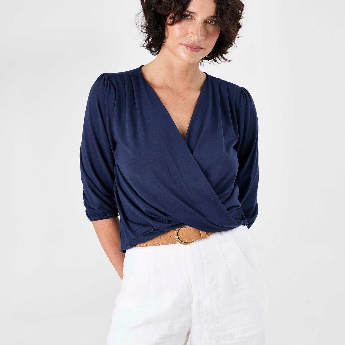 Athena 7/8 Sleeve Drape Top - Navy – Dharma Bums