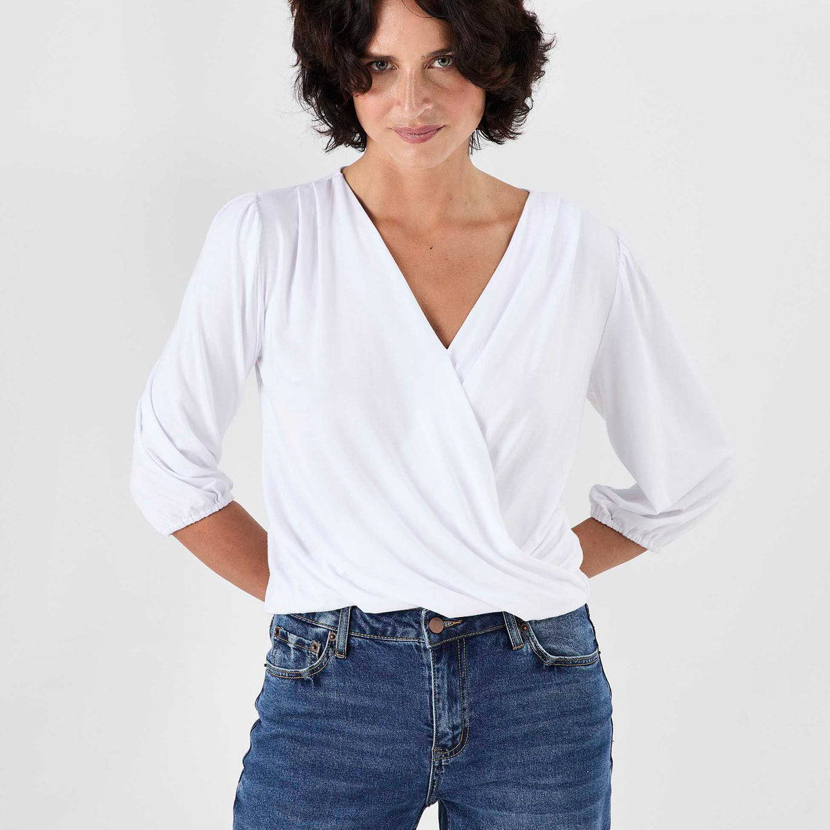 Athena 7/8 Sleeve Drape Top - White – Dharma Bums